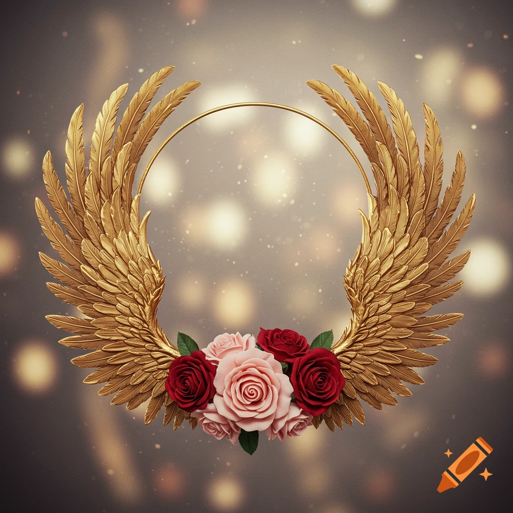 Golden circular frame with ornate wings and pink and red roses on a ...