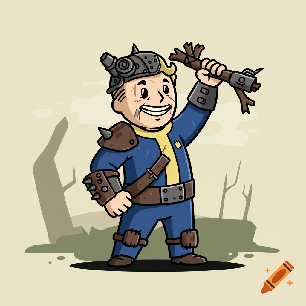 Cartoon Vault Boy from Fallout dressed as a raider, smiling and holding a makeshift weapon. on ...