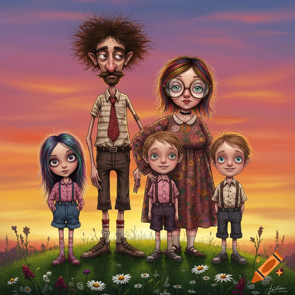 Stylized portrait of an odd family of five – a dad, mom, daughter, and ...