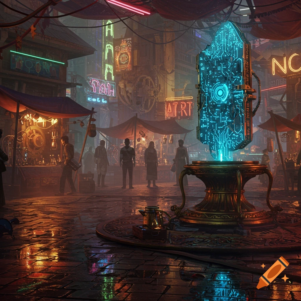 A dark, atmospheric cyberpunk market street at night, illuminated by ...