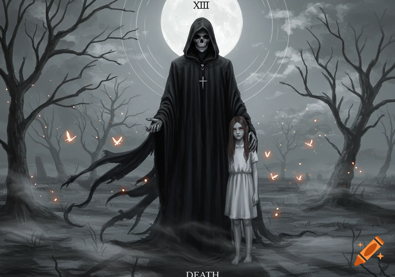 A dark, eerie illustration of a ghoulish nun with glowing orange eyes ...