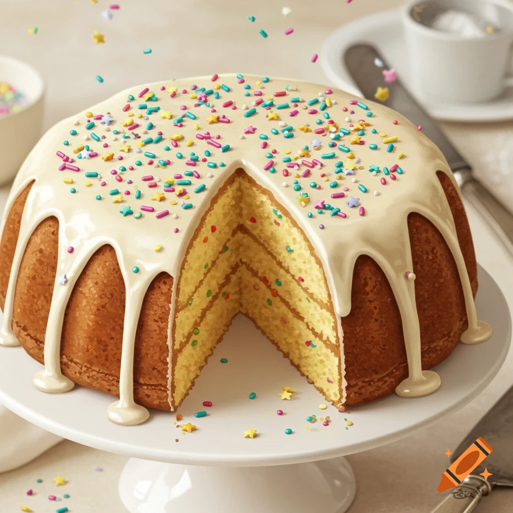 A slice has been cut from a frosted yellow cake covered in colorful ...