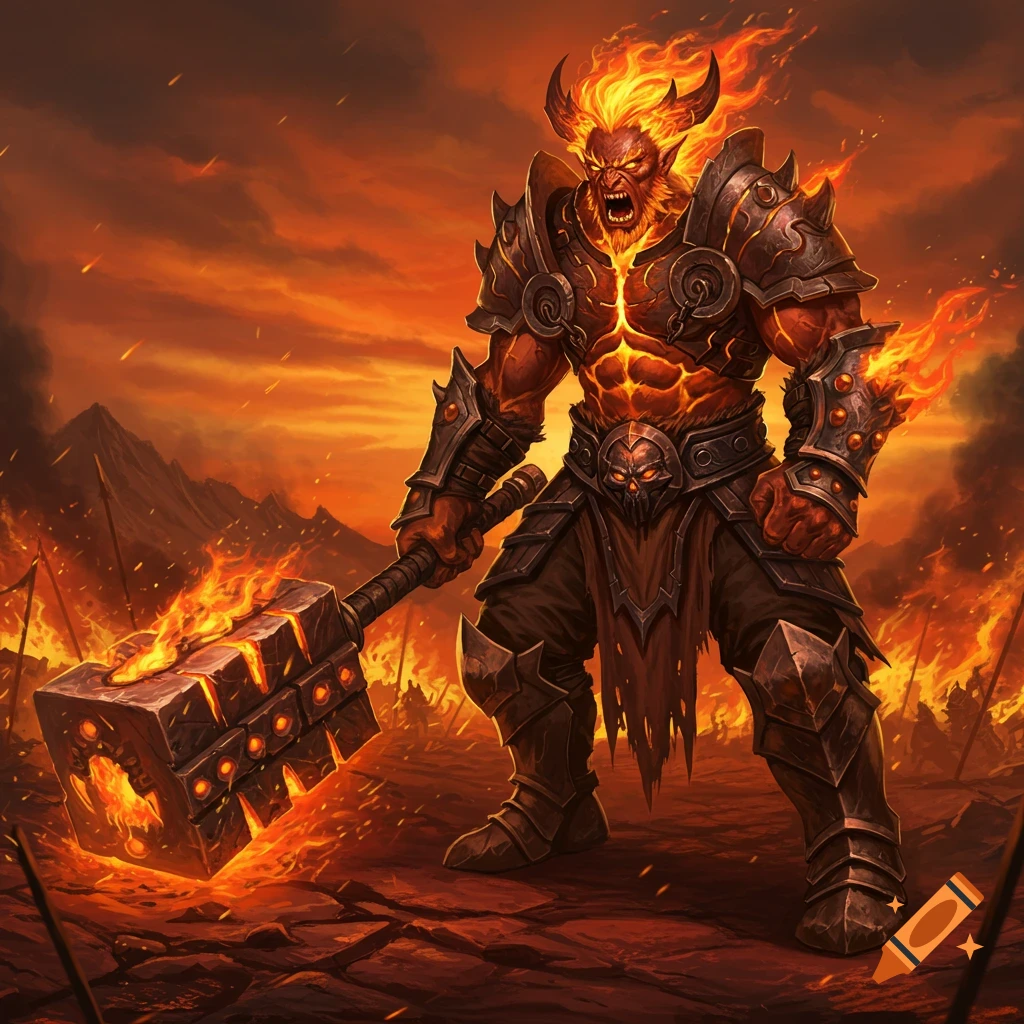 An angry, armored fire giant with glowing skin and flaming hair ...