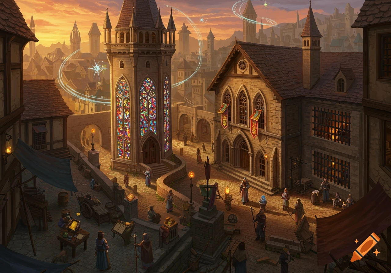 A charming medieval fantasy shop with glowing stained glass windows and ...