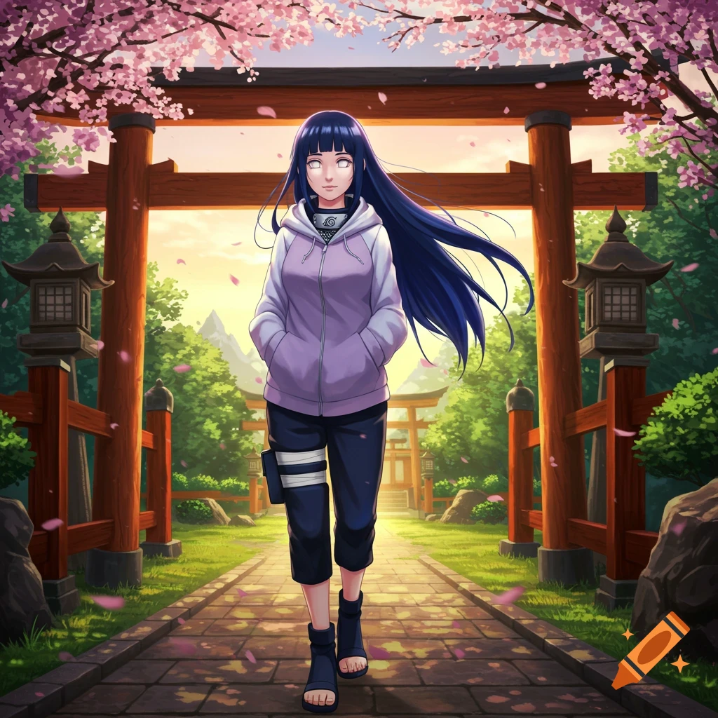 An anime character, Hinata Hyuga, walks on a stone path under cherry ...