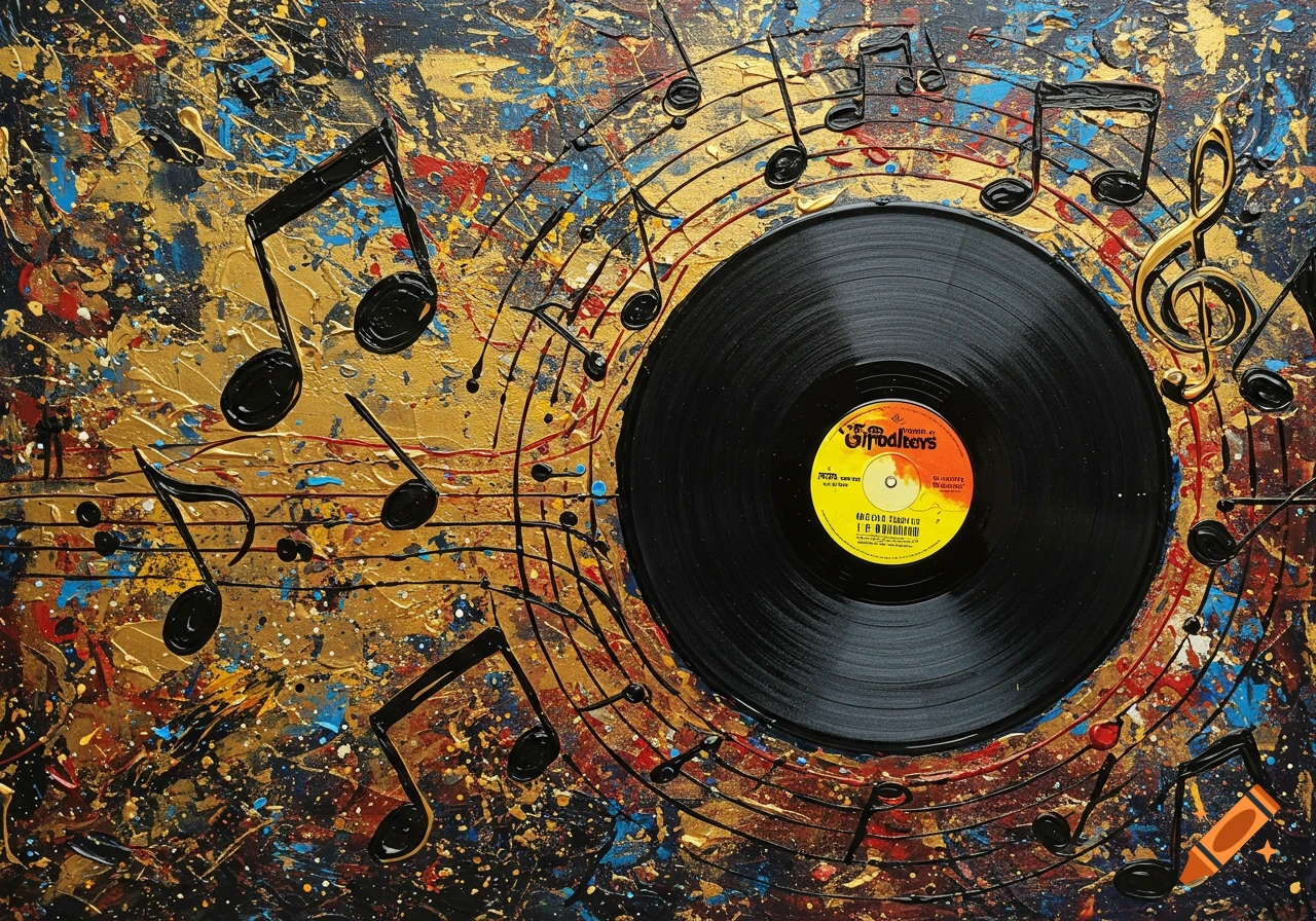 Abstract painting of a vinyl record surrounded by musical notes and ...