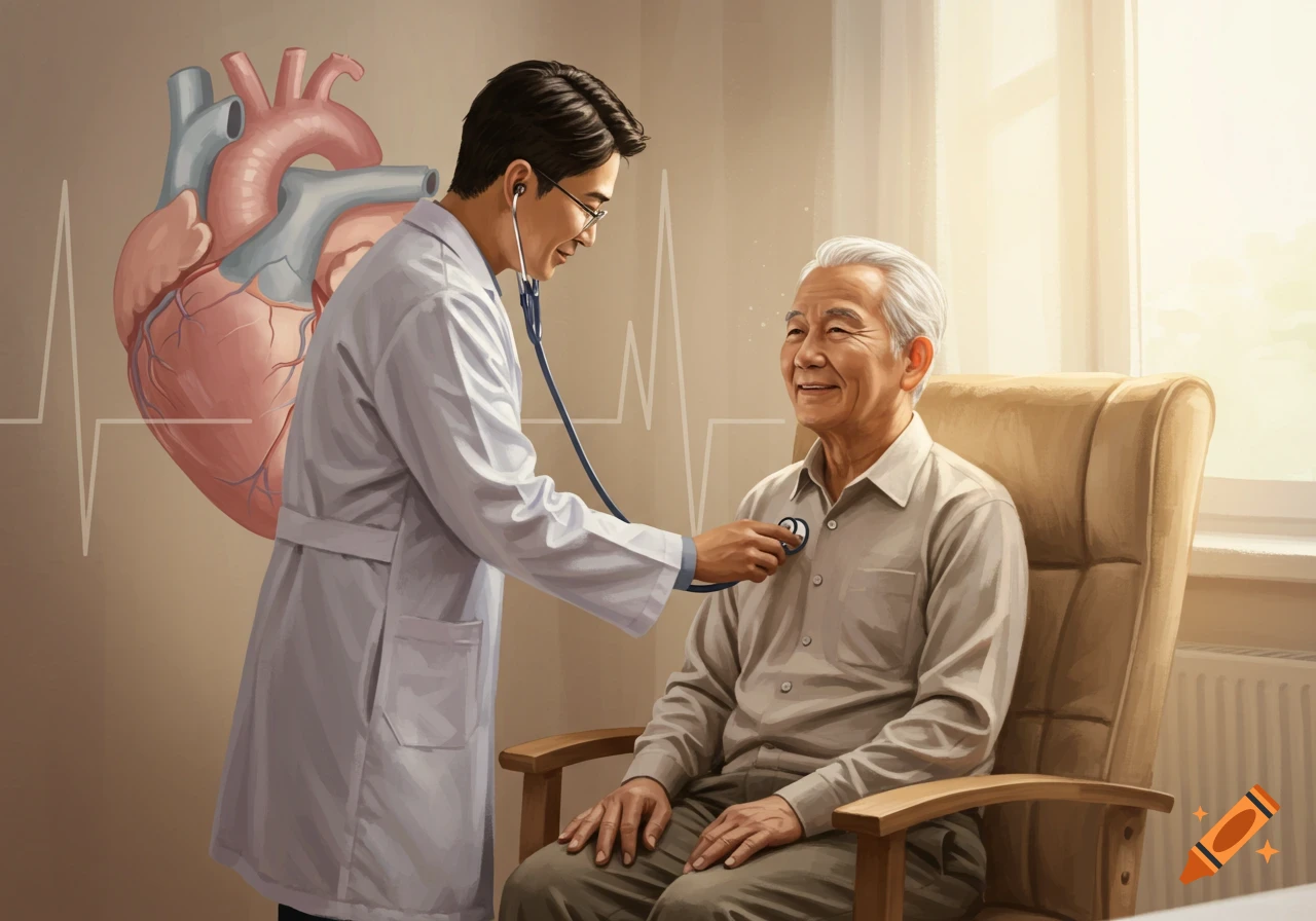 A doctor uses a stethoscope to listen to a smiling elderly patient's ...