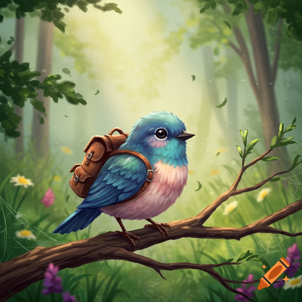 A cute blue bird with a small brown backpack perched on a branch in a ...
