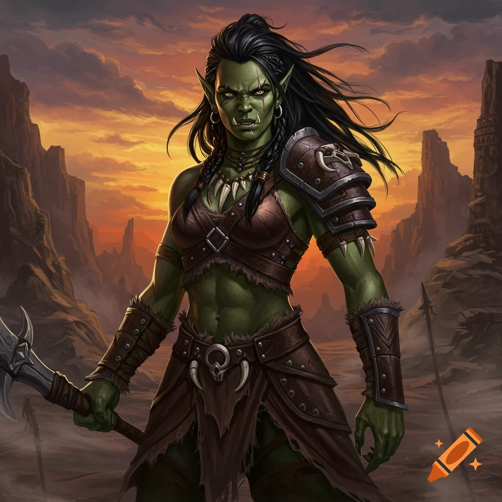 Green-skinned female orc warrior in leather armor with a broken tusk ...