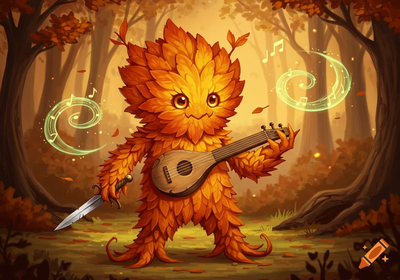 A vibrant, cartoonish leafy creature playing a lute and holding a ...