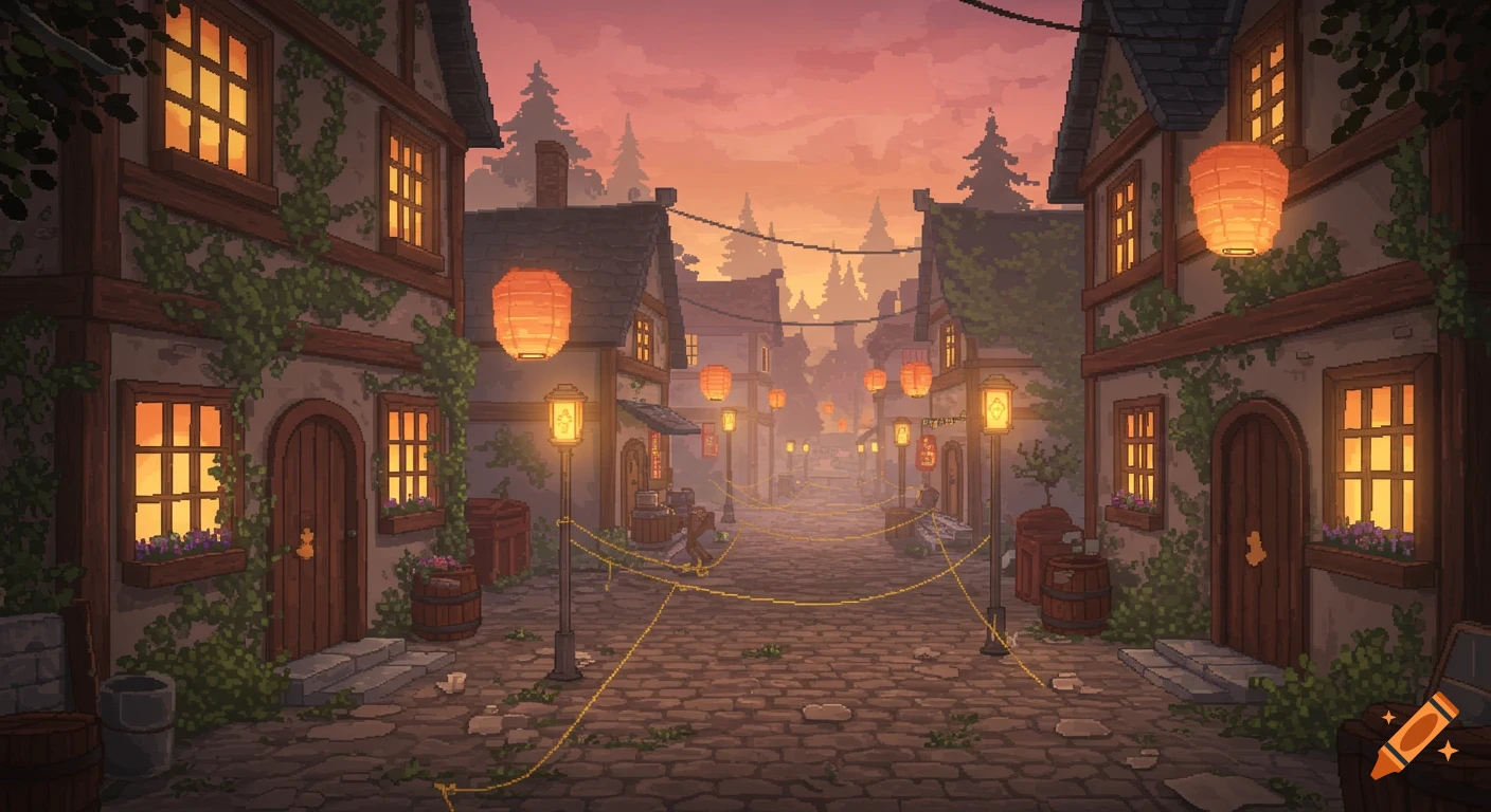 Pixel art of a medieval village street at dusk with glowing lanterns ...