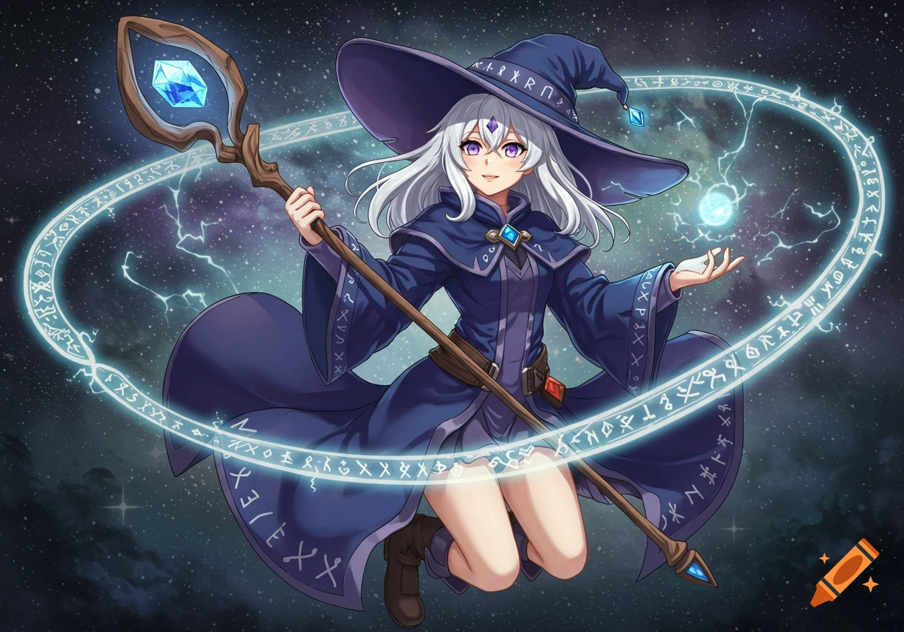 An anime mage girl with silver hair and violet eyes in a blue robe and ...