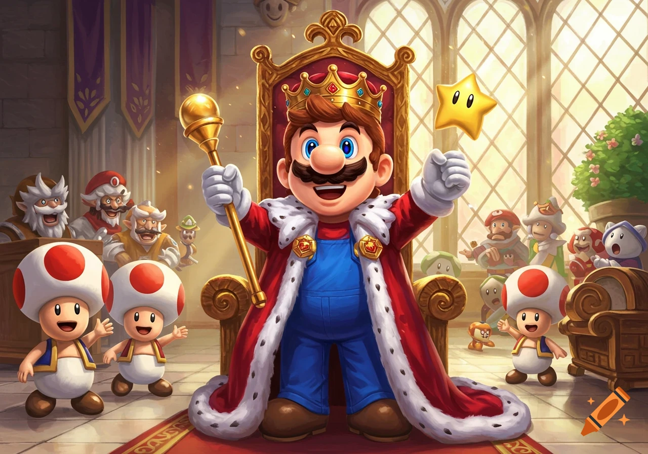 King Mario sits on a golden throne in a castle hall, holding a scepter ...