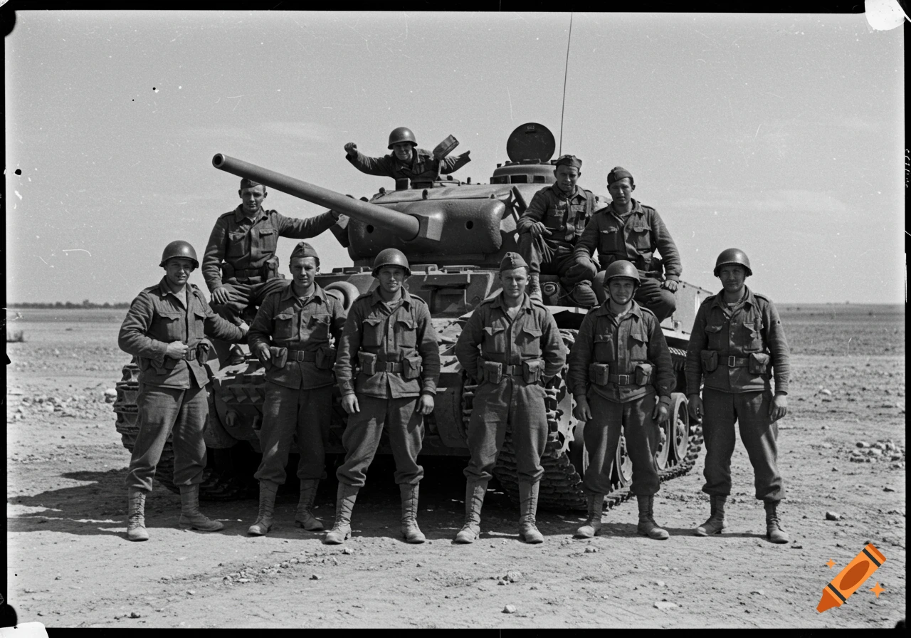 Black and white photo of ten soldiers in uniform posing around a tank ...