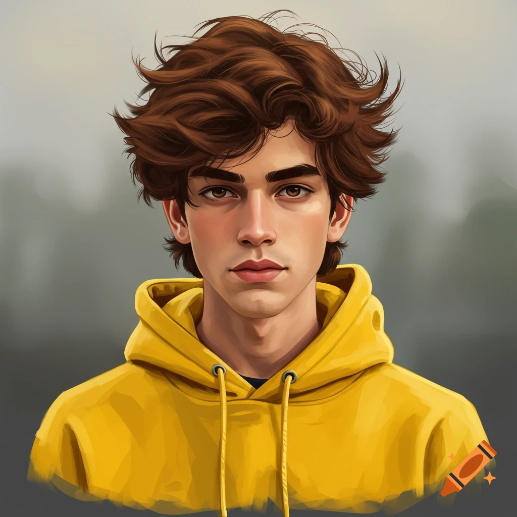 Drawing of a young man with brown messy hair wearing a yellow hoodie ...