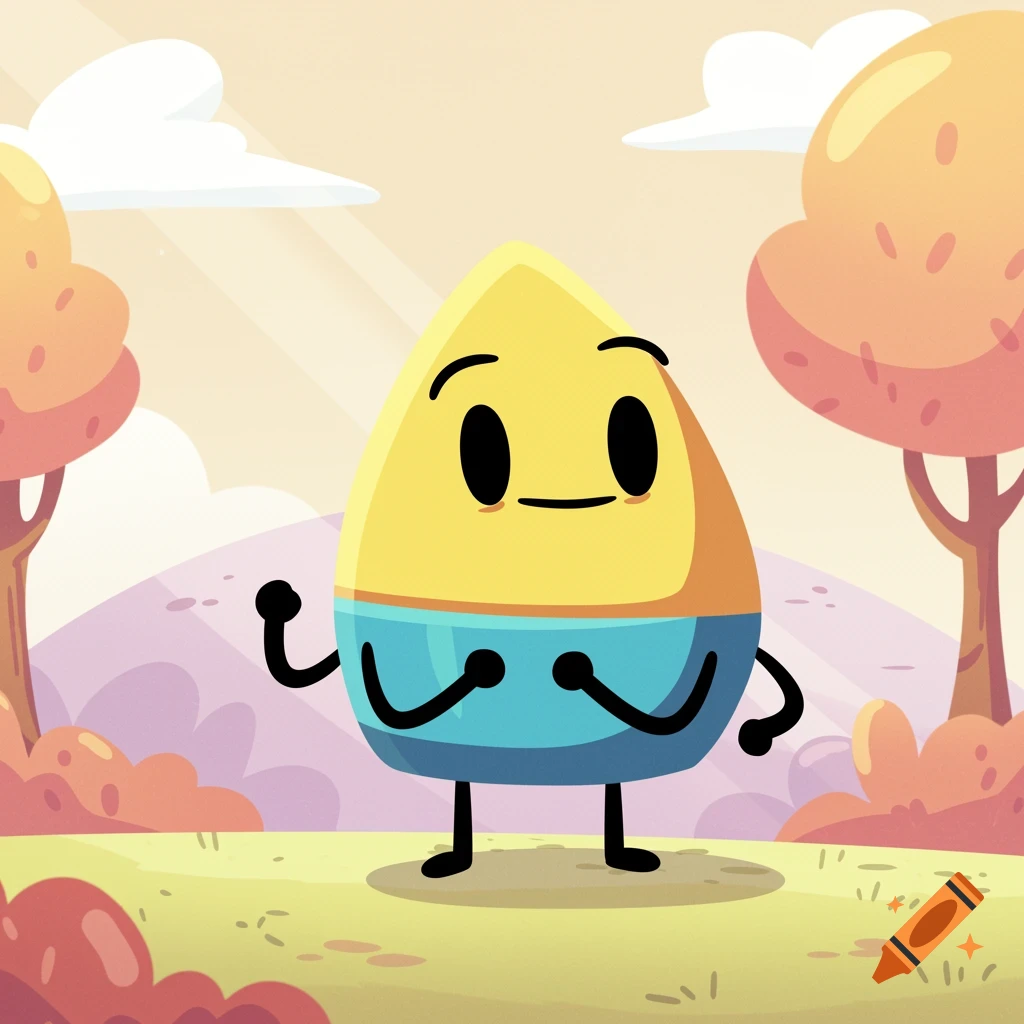 A happy, yellow and blue teardrop-shaped cartoon character with stick ...