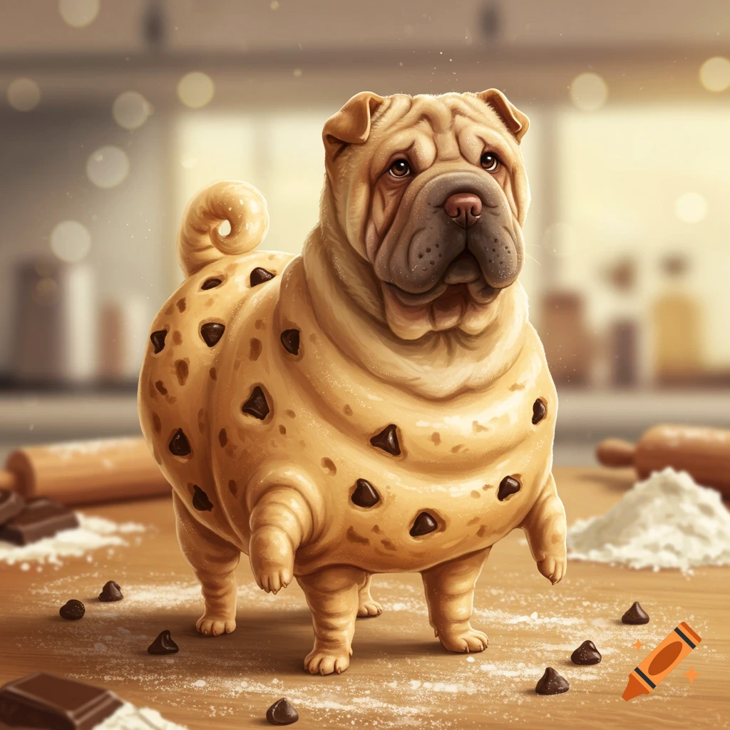 A whimsical Shar Pei dog with a cookie dough body and chocolate chip ...