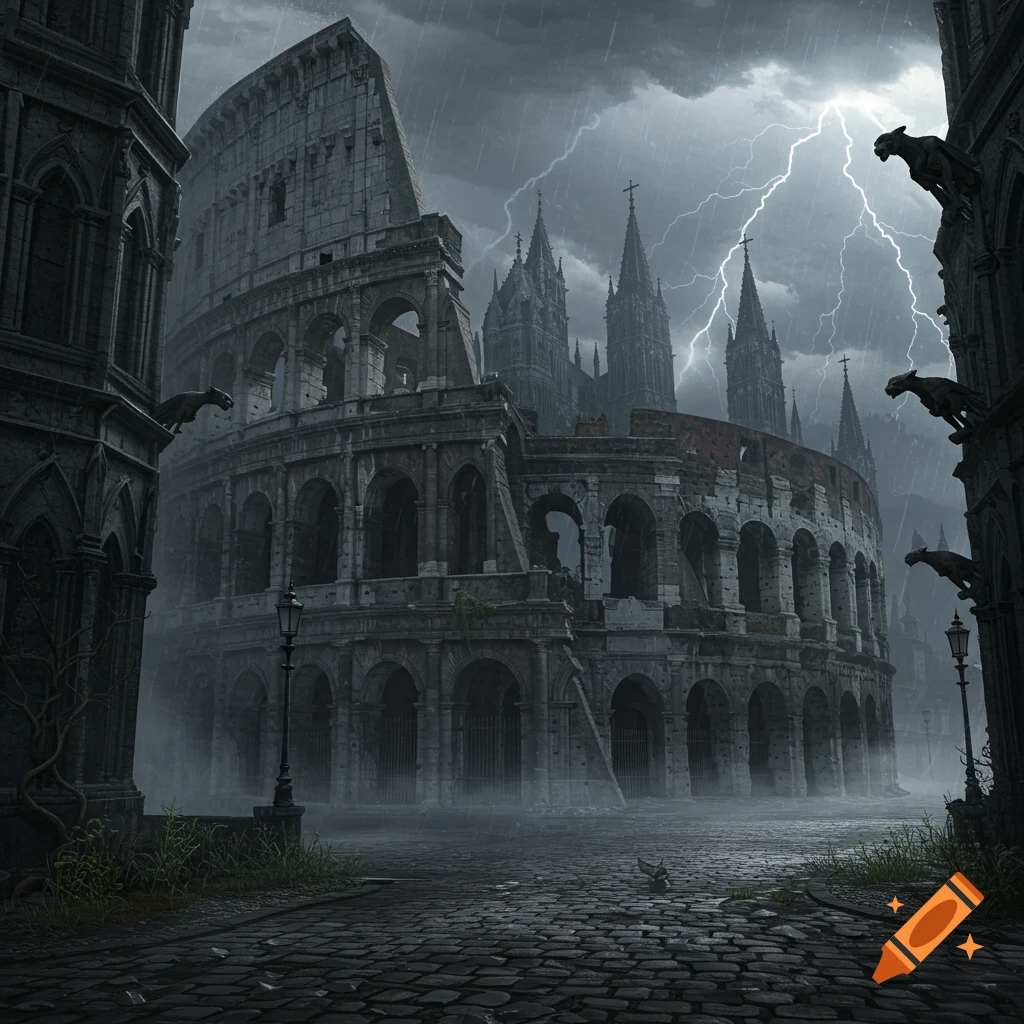 A dark, eerie landscape with a tall, crumbling stone tower struck by ...