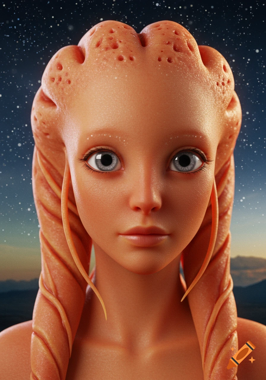 Photorealistic portrait of a female alien with large gray eyes, light ...