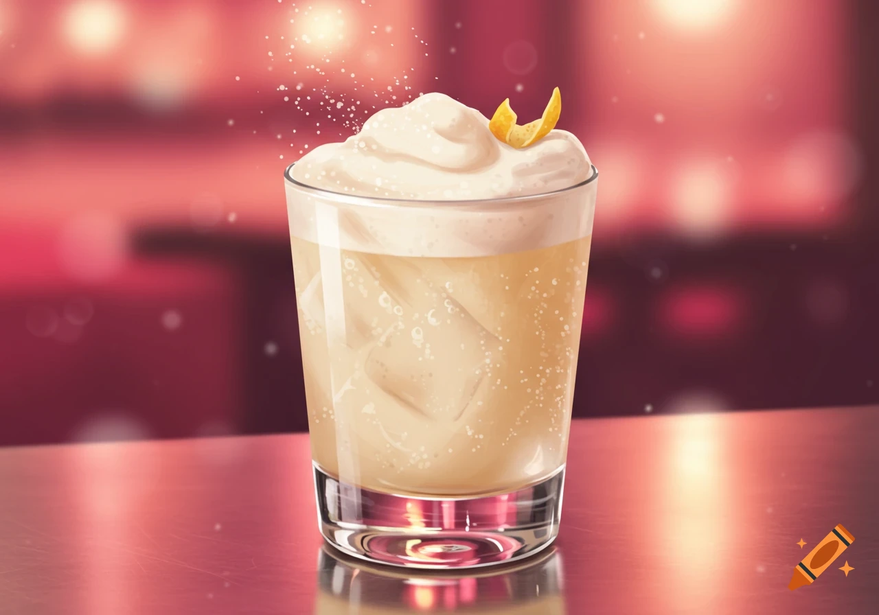 A 2D drawing of a Ramos Gin Fizz cocktail with a frothy top and lemon ...