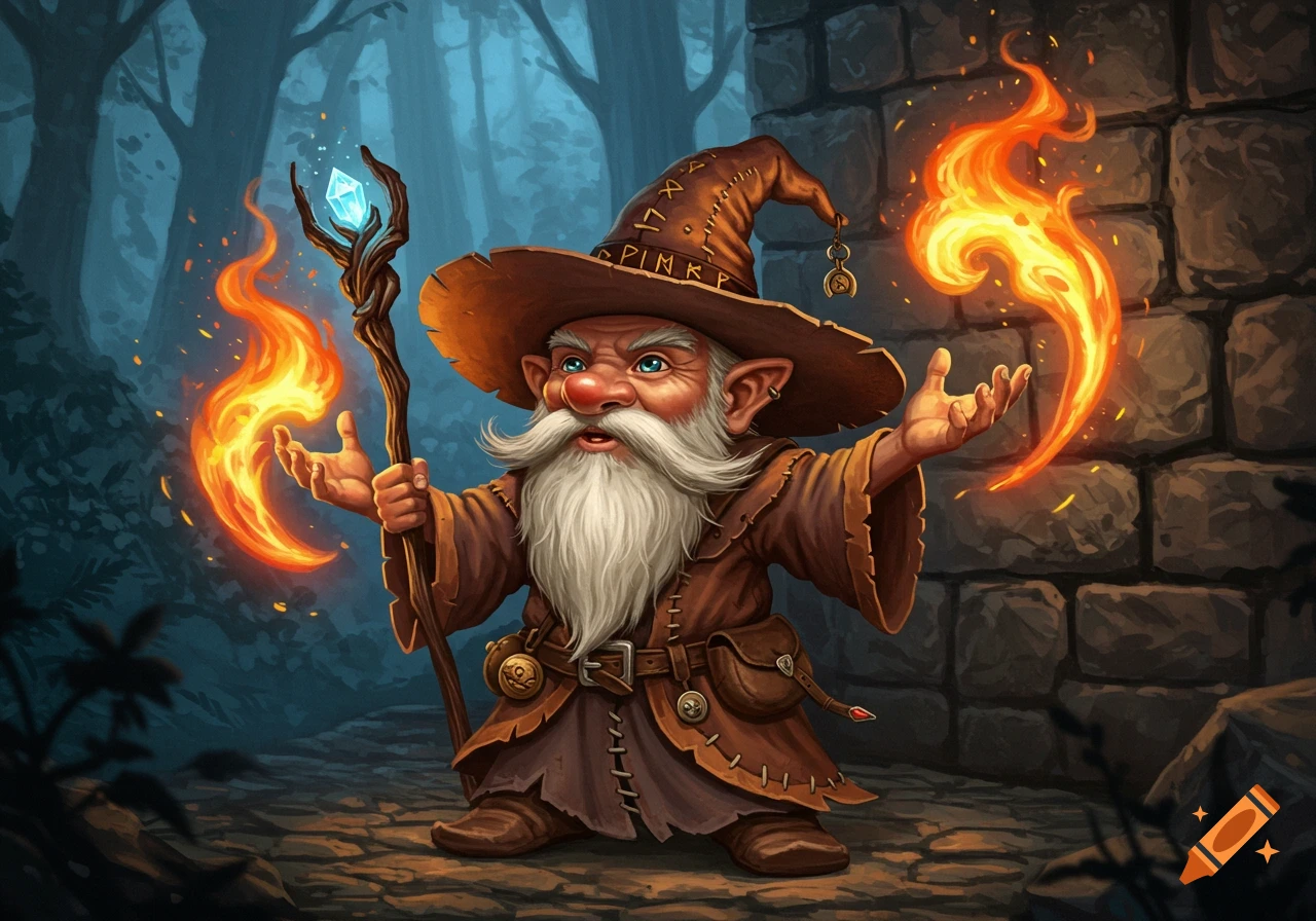 A bearded gnome wizard in a brown robe and pointed hat casts fiery ...