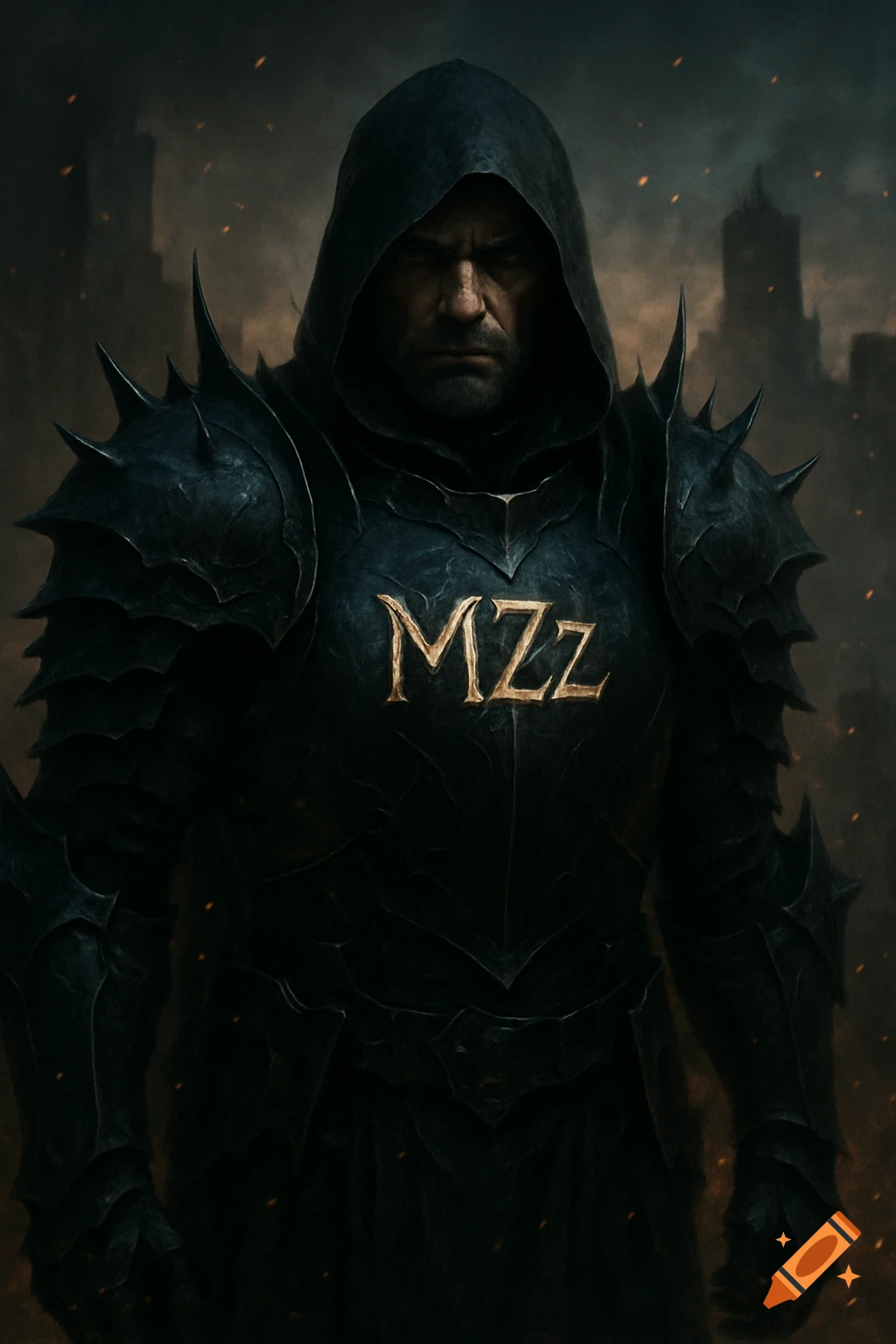 A dark warrior in a hooded cloak and spiked armor, with "MZz ...
