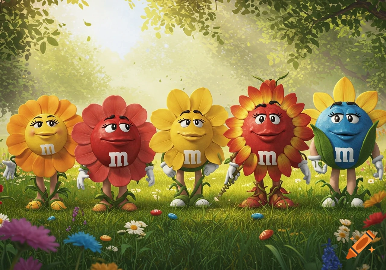 Five M&M characters dressed as flowers stand in a vibrant green field ...