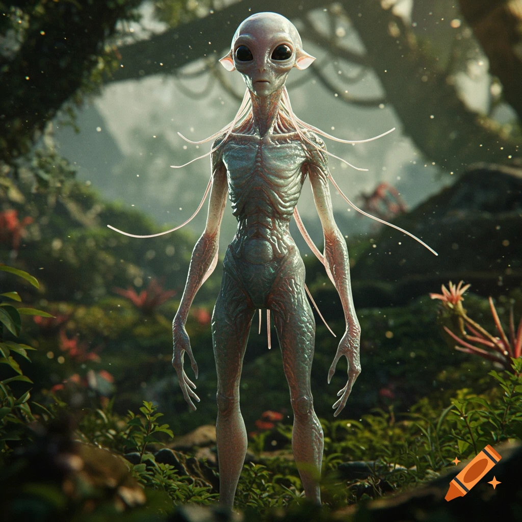 Full-body portrait of a pale, thin alien creature with a conical head ...
