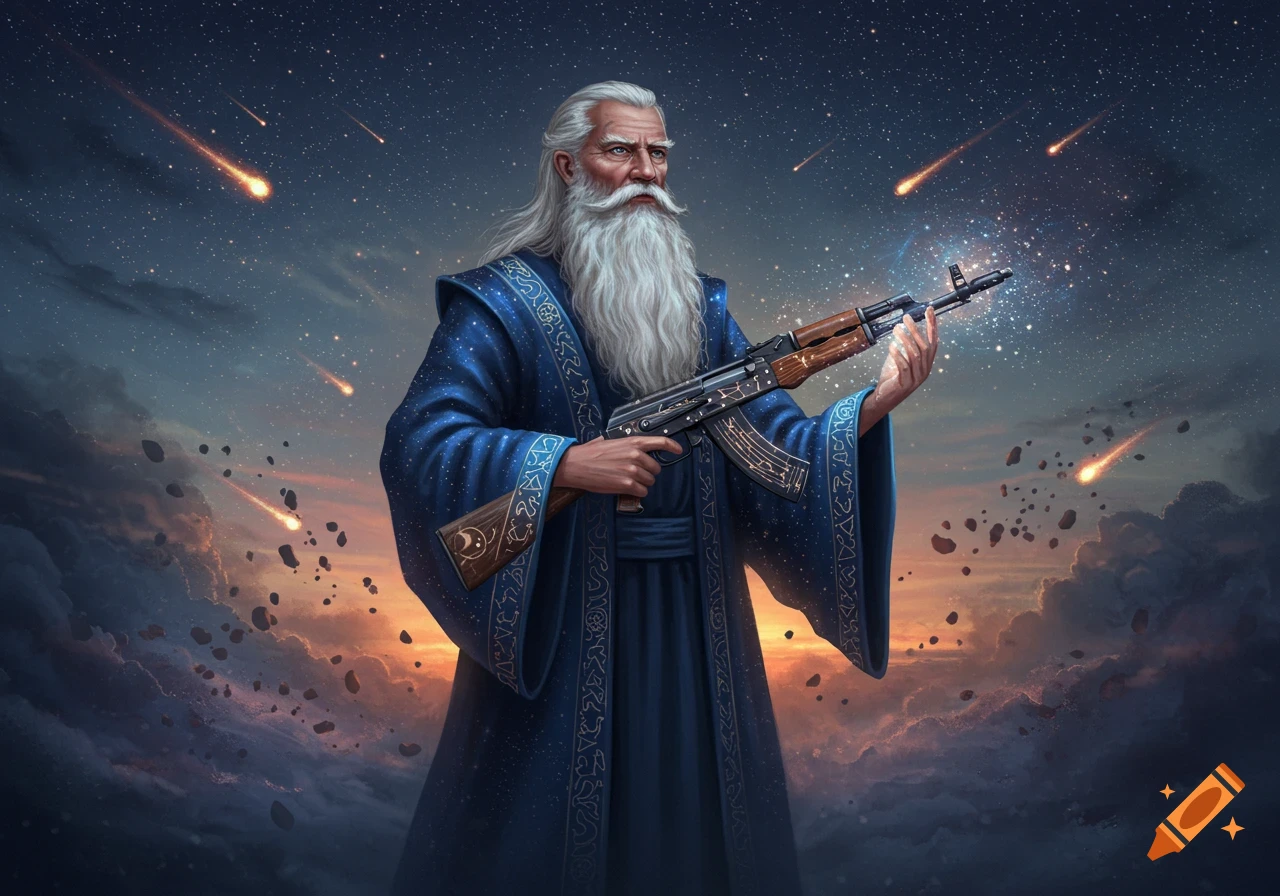 An old wizard with a long white beard and a blue robe stands holding an ...
