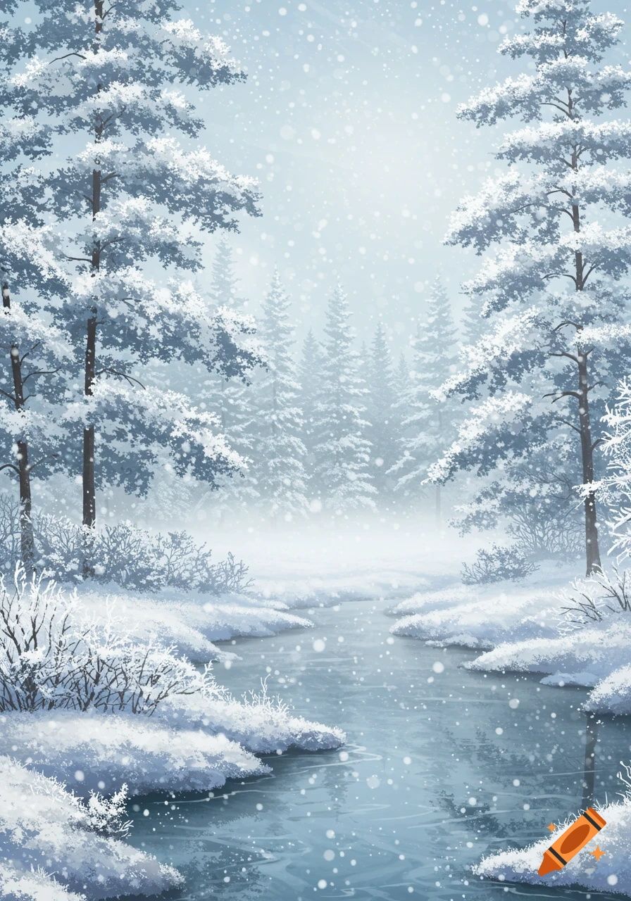A serene winter landscape featuring a snow-covered forest, a winding ...