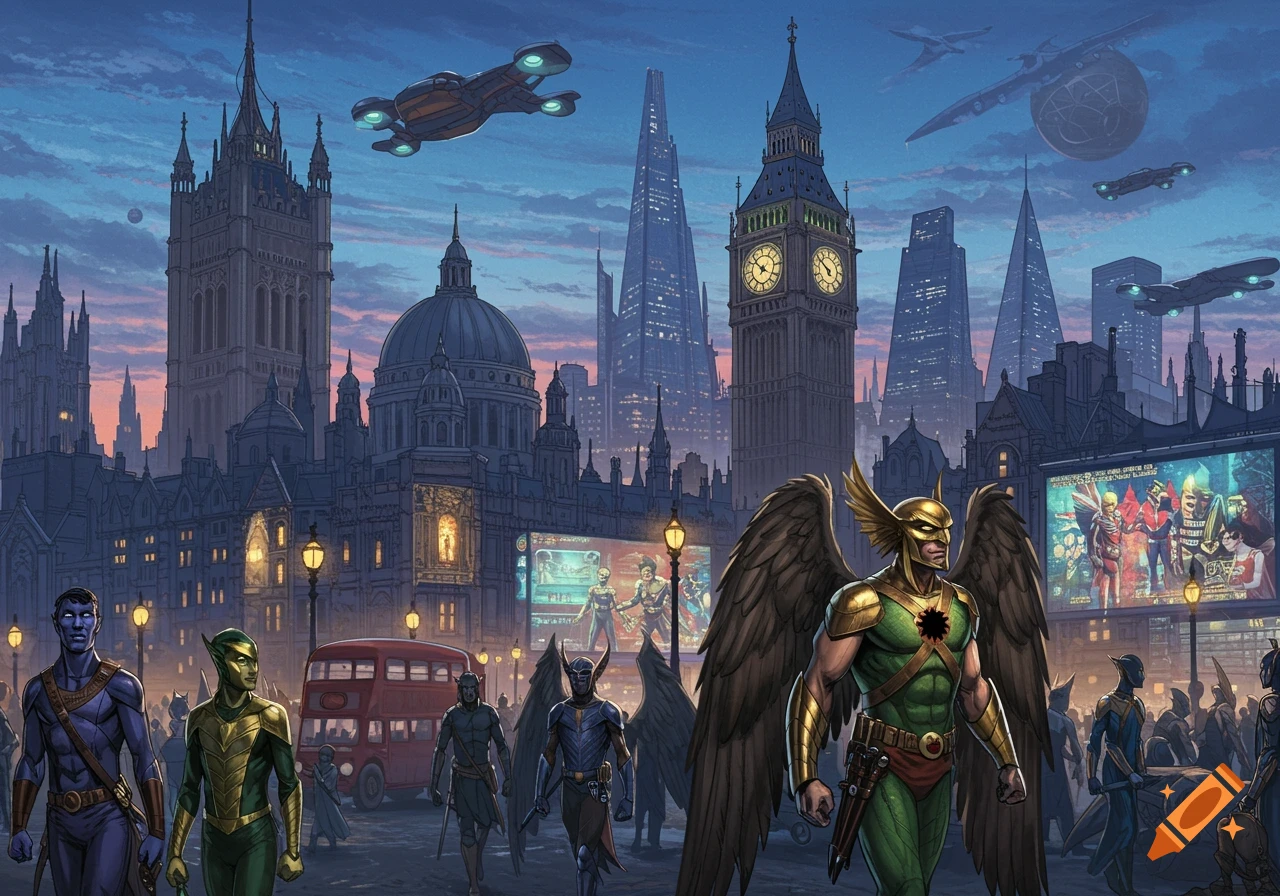 Comic art of Hawkman and alien characters in a futuristic London ...