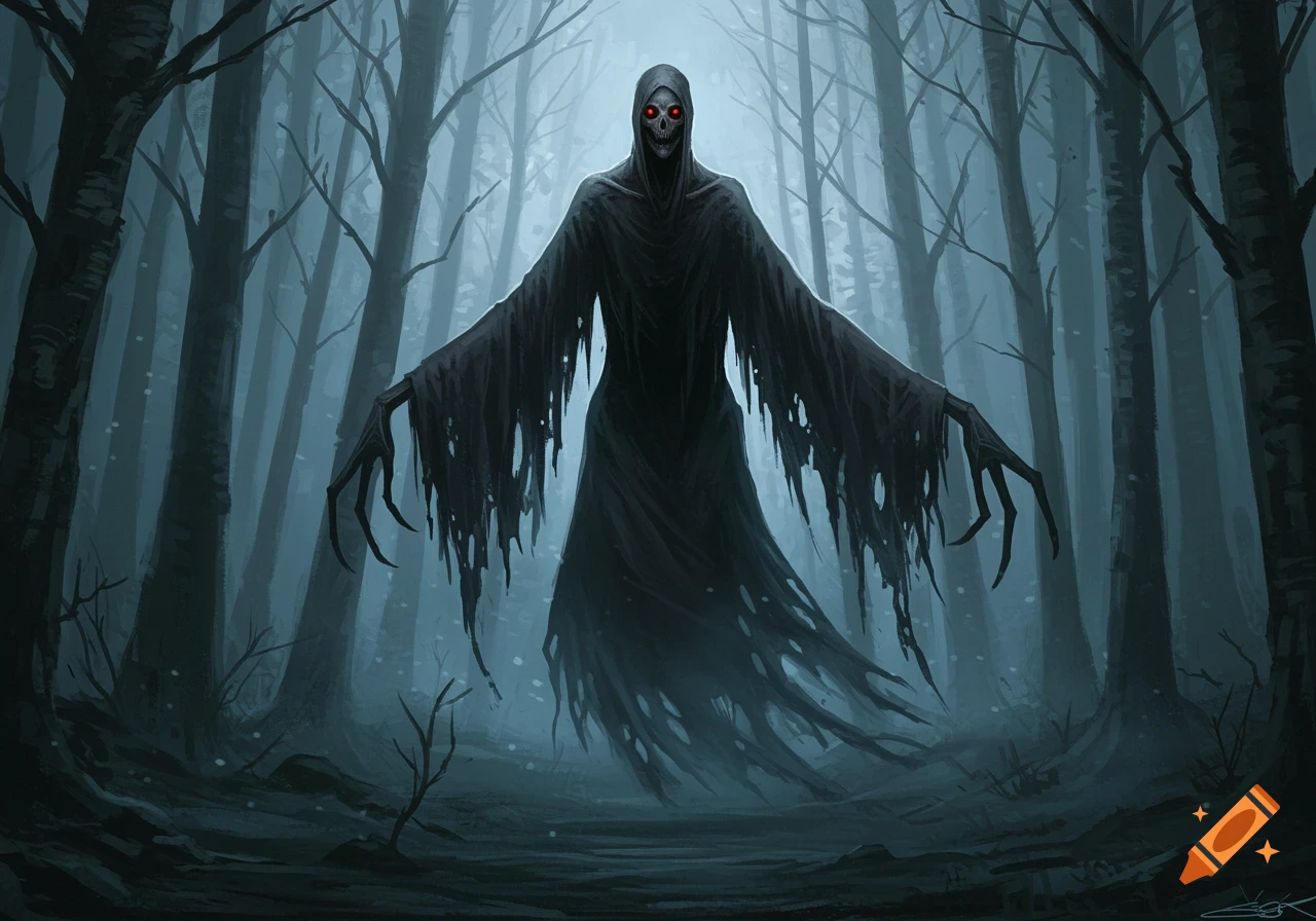 A terrifying ghoulish hag with long white hair, glowing eyes, and a ...