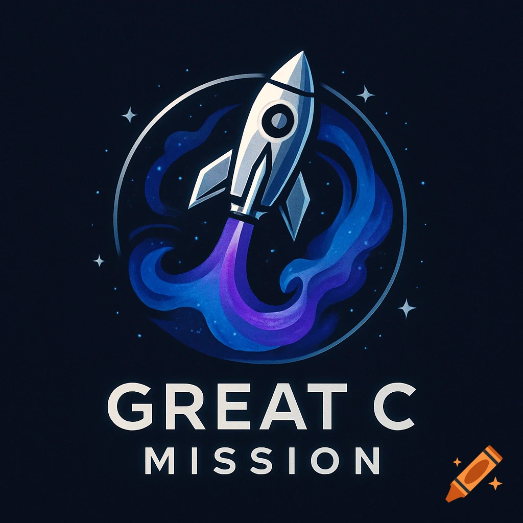 A logo with a crescent moon forming a 'C', a purple alien sitting in it ...