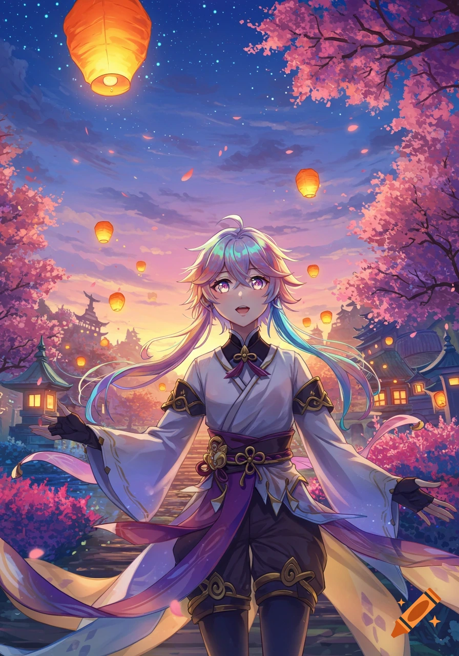Anime character with colorful hair in a traditional setting under ...