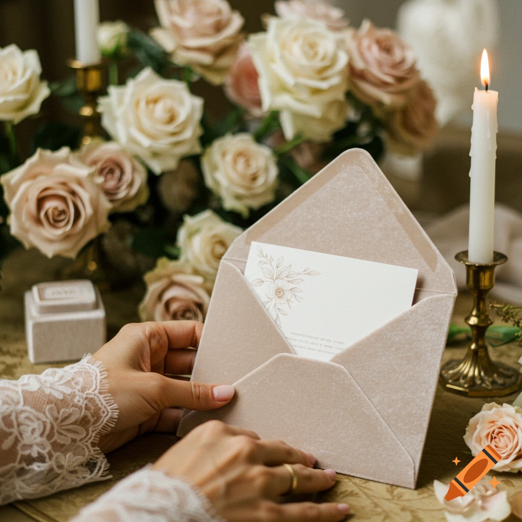 Elegant hands opening a beige velvet wedding invitation, surrounded by ...
