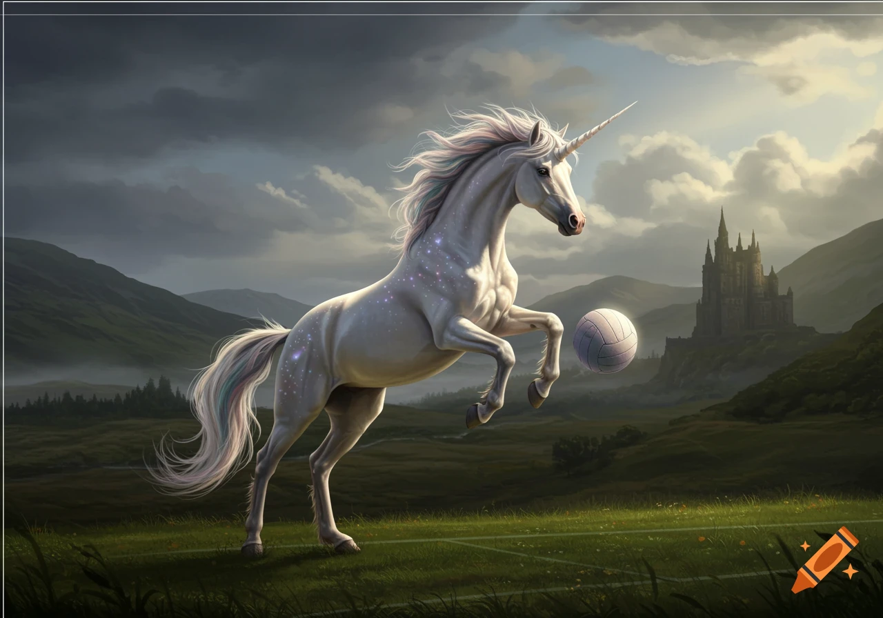 A majestic white Pegasus with large wings soars above green fields and mountains under a sunlit ...