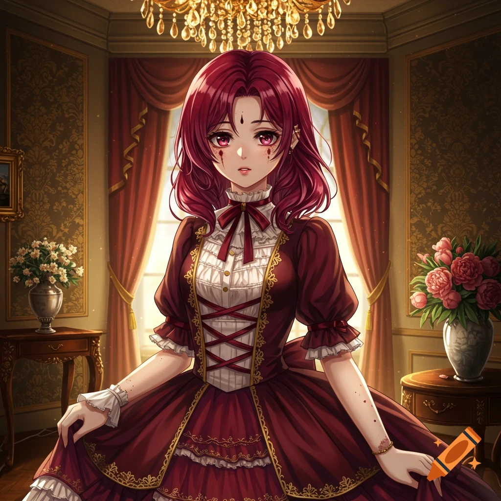An anime girl with burgundy hair and eyes, wearing a detailed burgundy ...