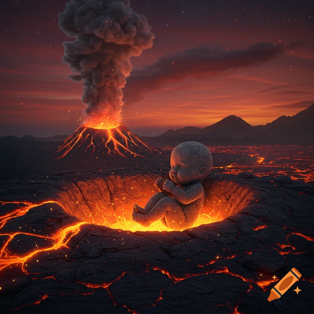 A bald Black child in a wheelchair floats above an erupting volcano ...