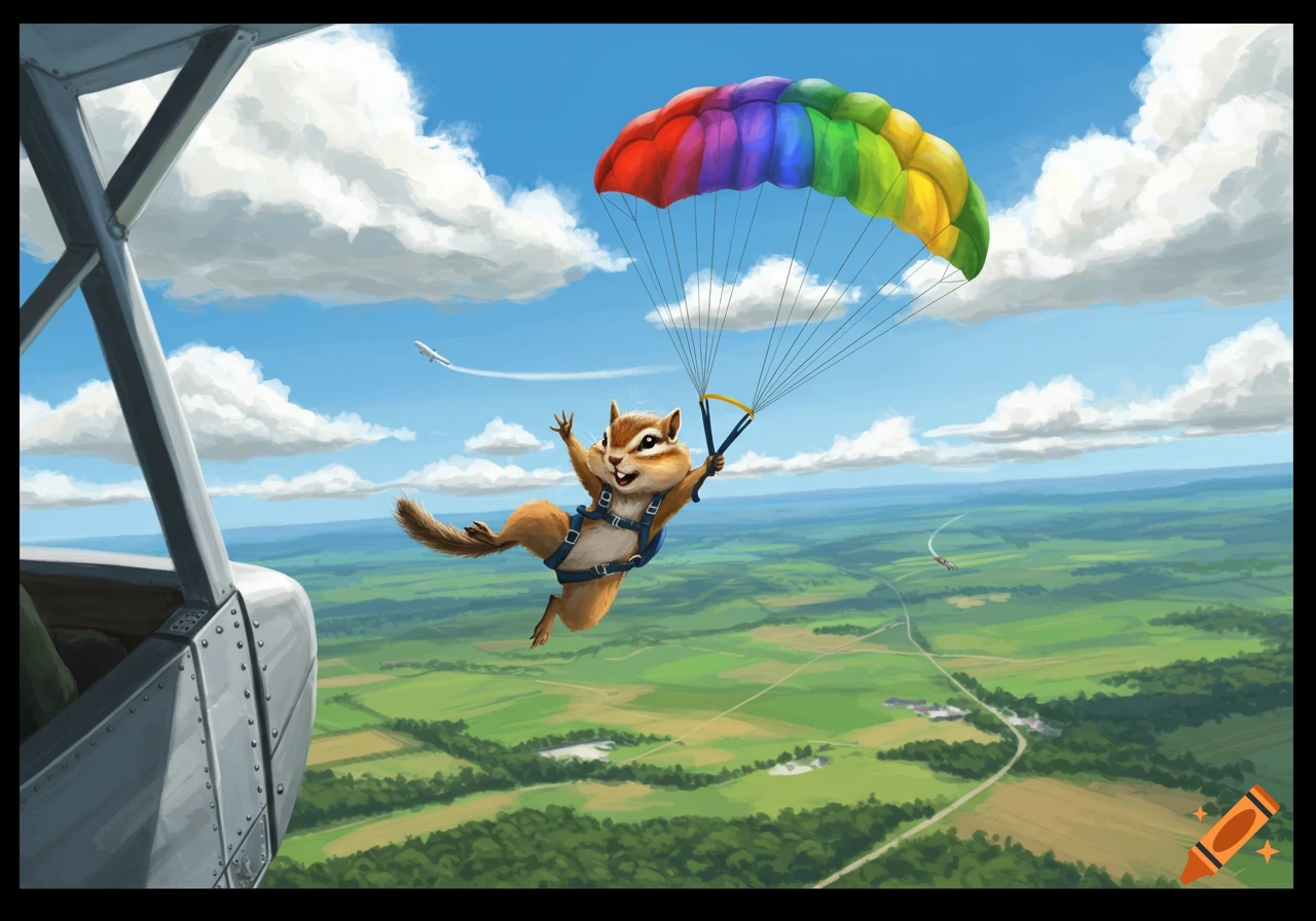 Illustrated chipmunk skydiving from an airplane with a colorful rainbow parachute over a green ...