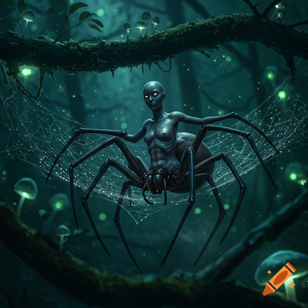 A fantasy creature, half bald human and half spider, sits on a glowing spiderweb in a dark ...