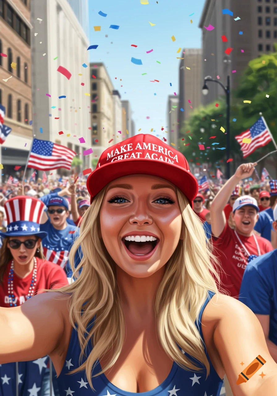 A smiling blonde woman in a red Make America Great Again hat takes a ...