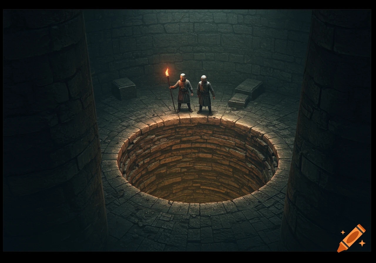 Two armored soldiers stand in a dark stone chamber, looking down into a ...