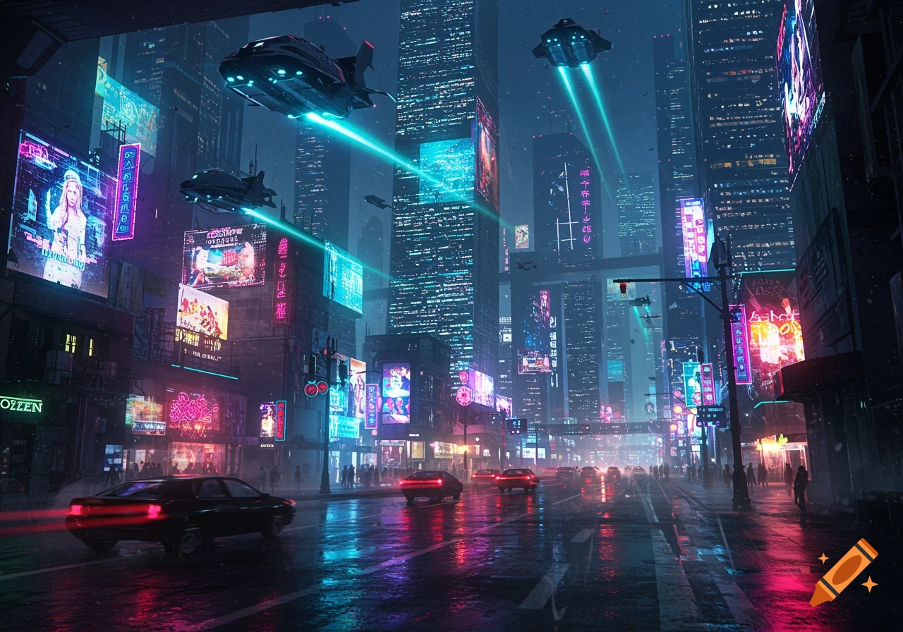 A gritty cyberpunk wall features glowing neon signs, exposed wires, and ...