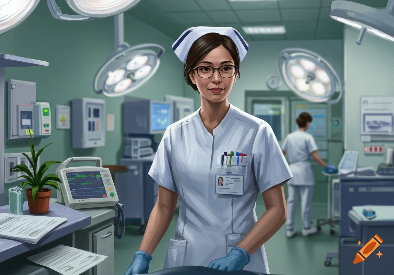 A smiling nurse in blue scrubs and a stethoscope stands in a hospital ...