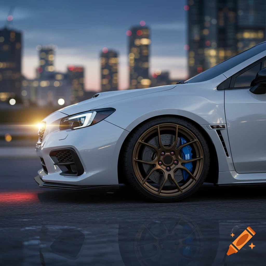 A white Subaru WRX with bronze wheels and blue brake calipers on a wet ...