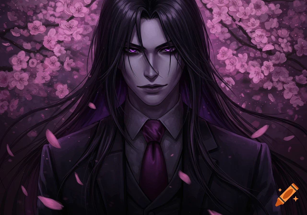 A smiling male vampire with red eyes and fangs, wearing a black kimono ...