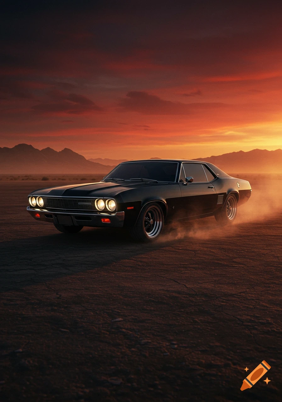 A black classic muscle car kicks up dust on a barren landscape at ...
