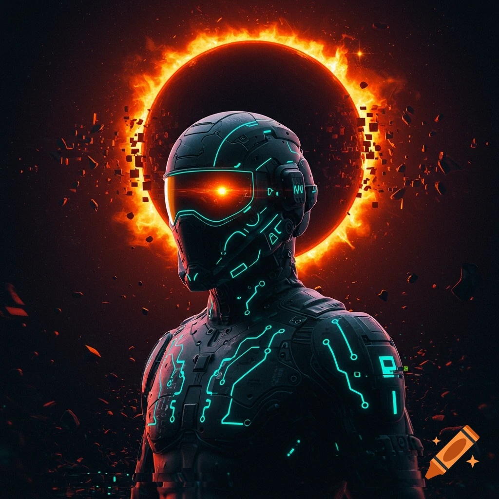 A futuristic firefighter in advanced gear, featuring glowing blue data ...