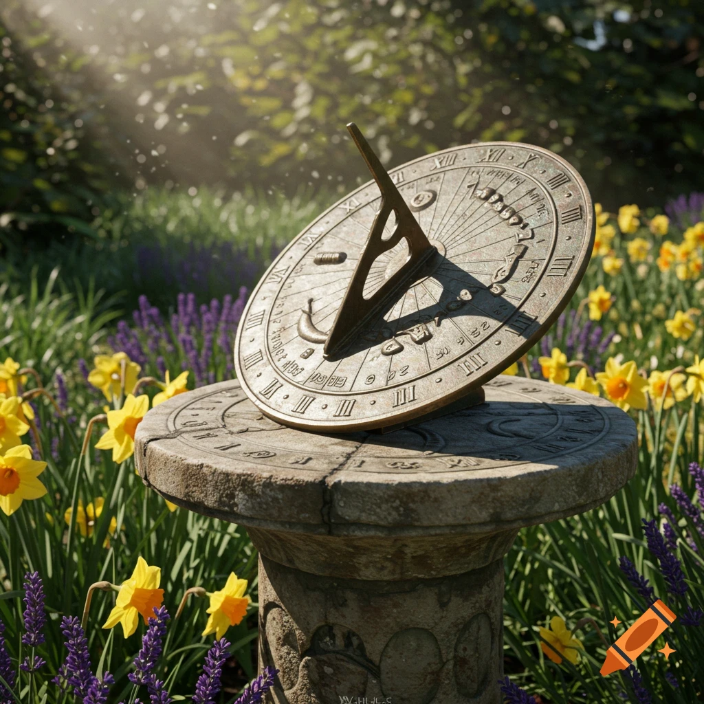 A detailed bronze sundial sits atop a weathered stone pedestal in a ...