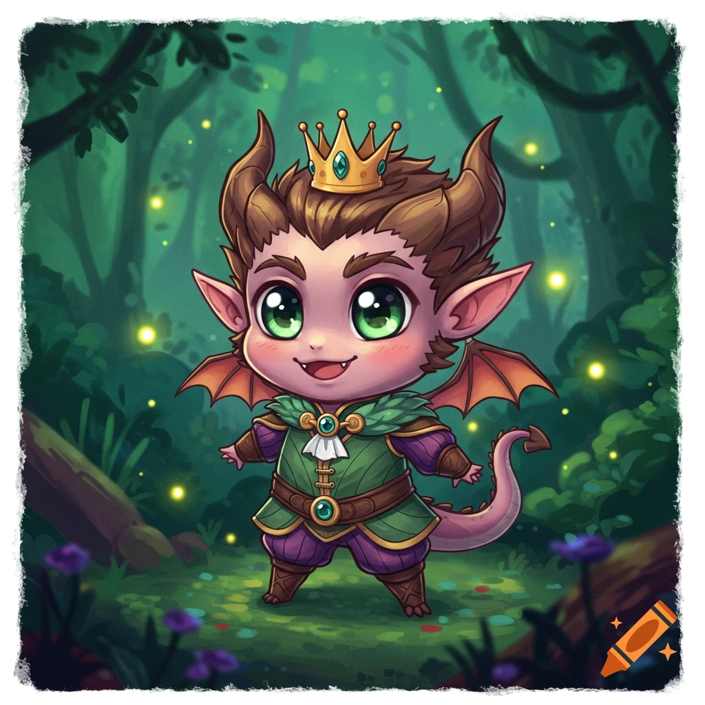 Chibi-style art of a cute horned creature with green eyes, small wings ...